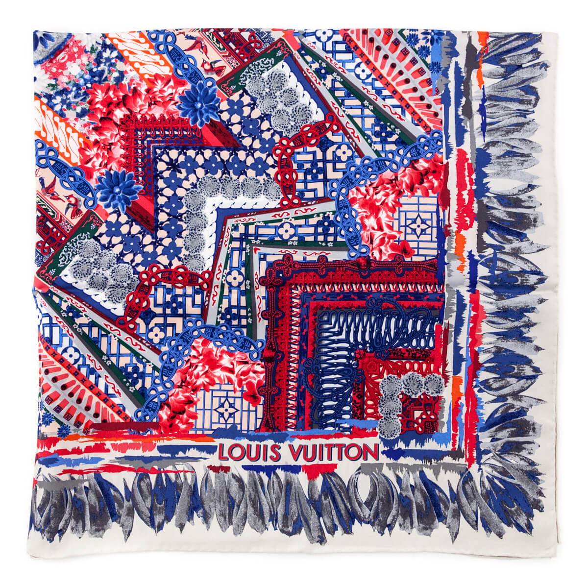 Louis Vuitton Red & Blue Silk Monogram Paradis Scarf - Preloved Canada ...